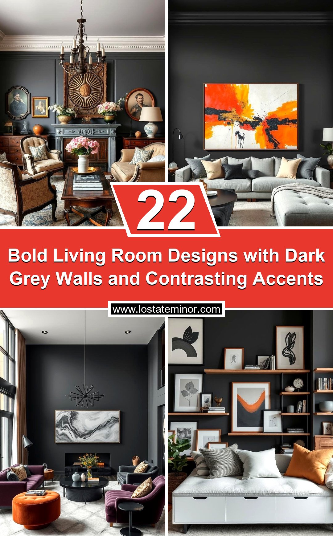 22 Bold Living Room Designs with Dark Grey Walls & Contrasting Accents ...